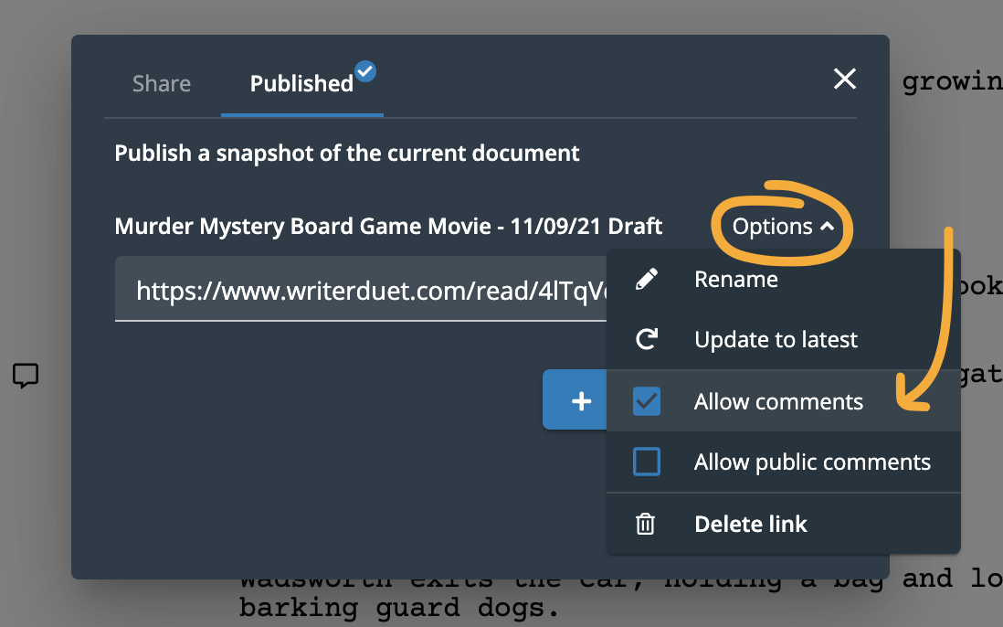 Publish a Comment-Friendly Link with ReadThrough - WriterDuet Knowledgebase