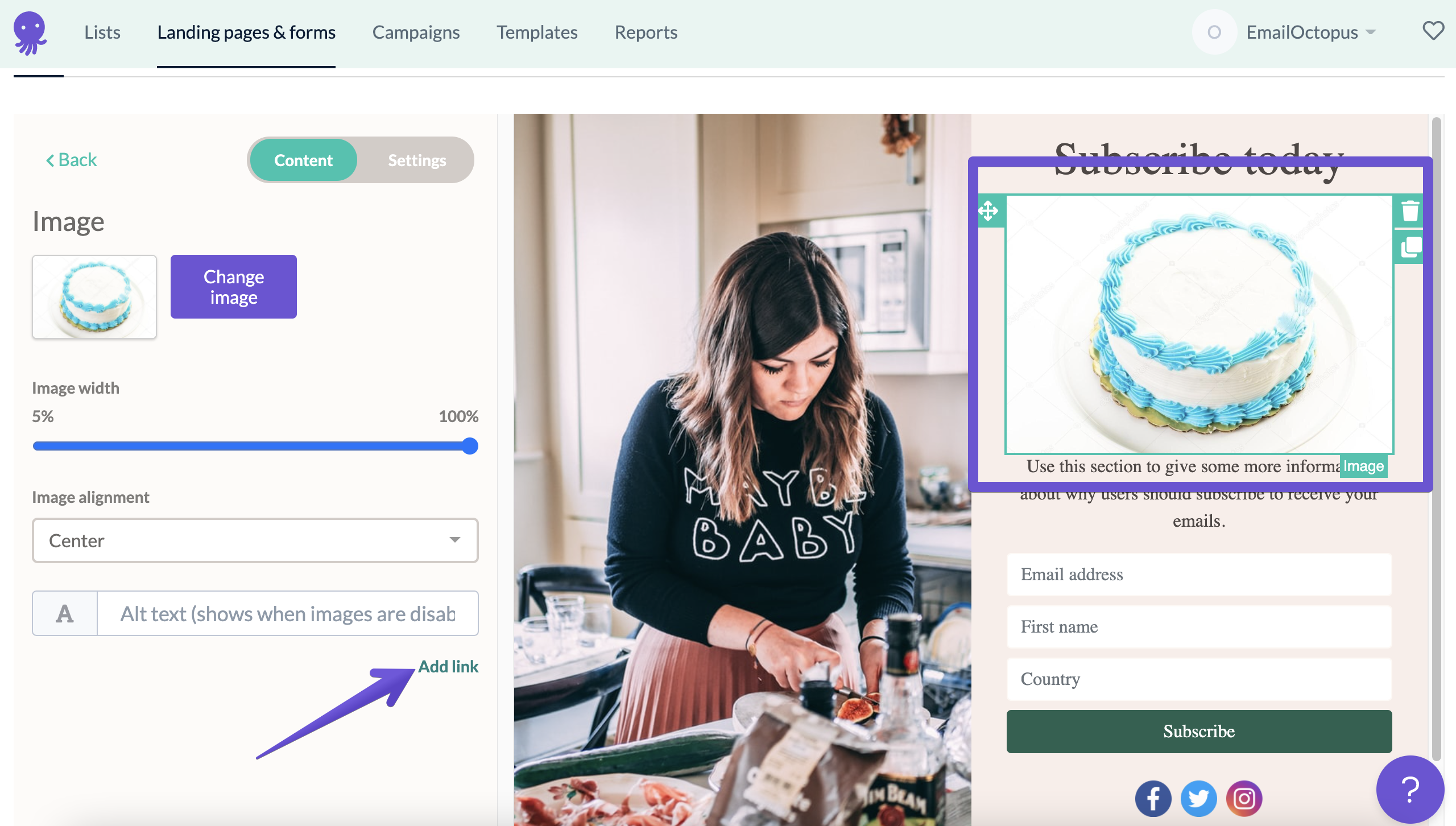 How to add a link to a landing page - EmailOctopus knowledge base