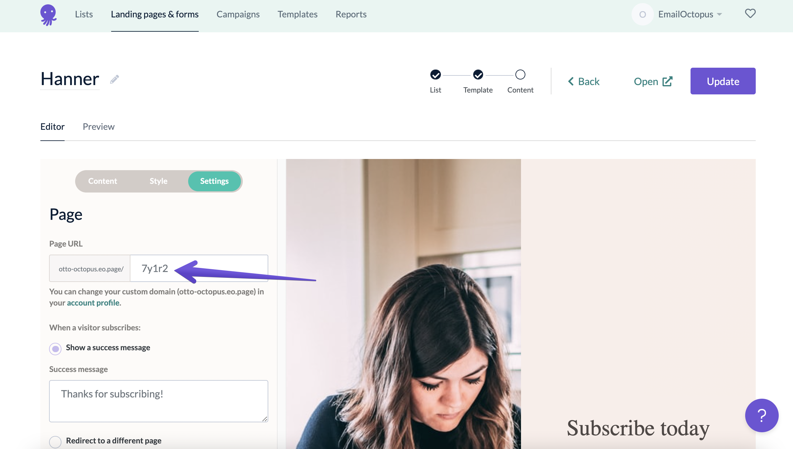 Where to find a landing page's URL - EmailOctopus knowledge base