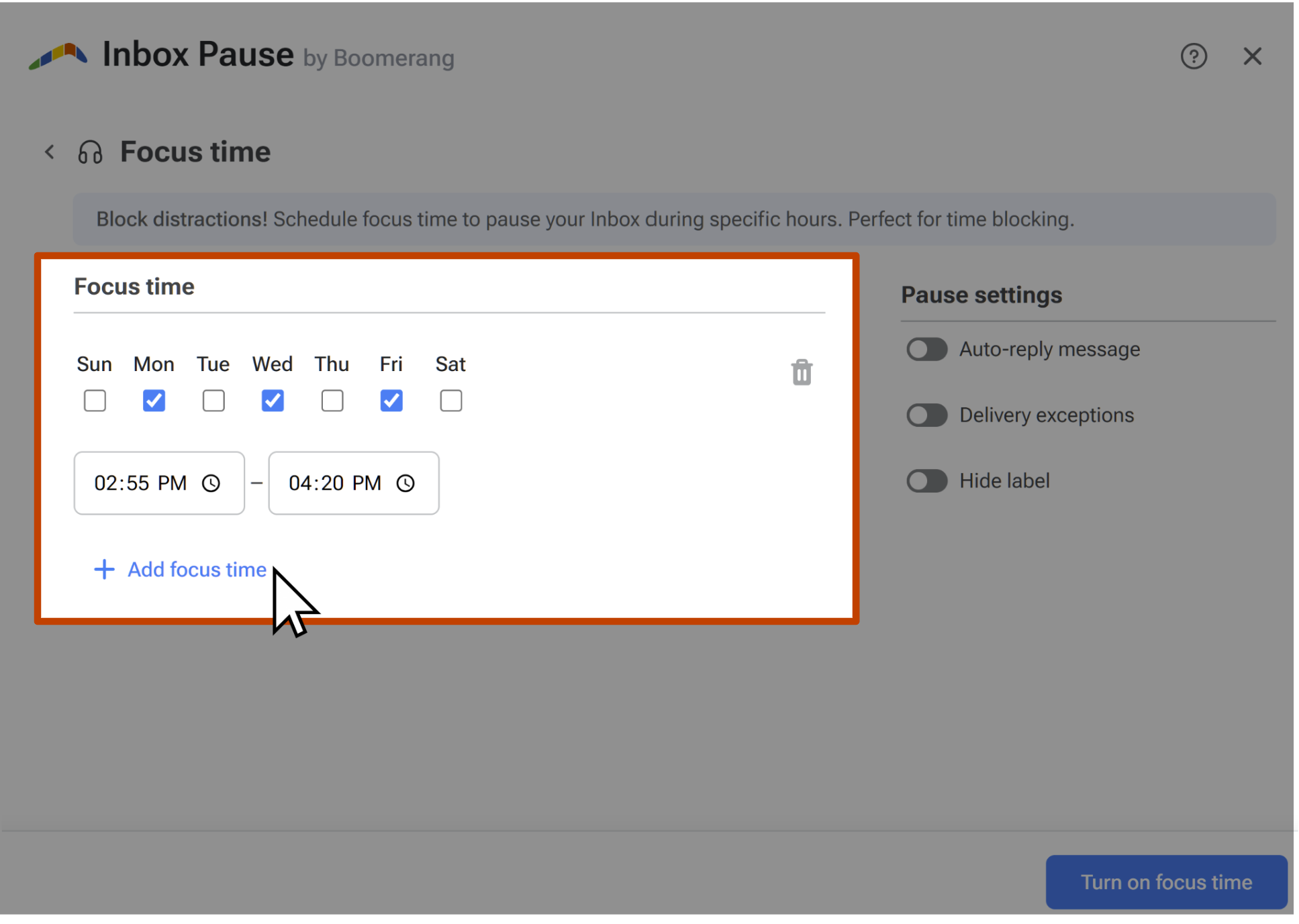 How to set up focus time with Inbox Pause - Boomerang for Gmail Help