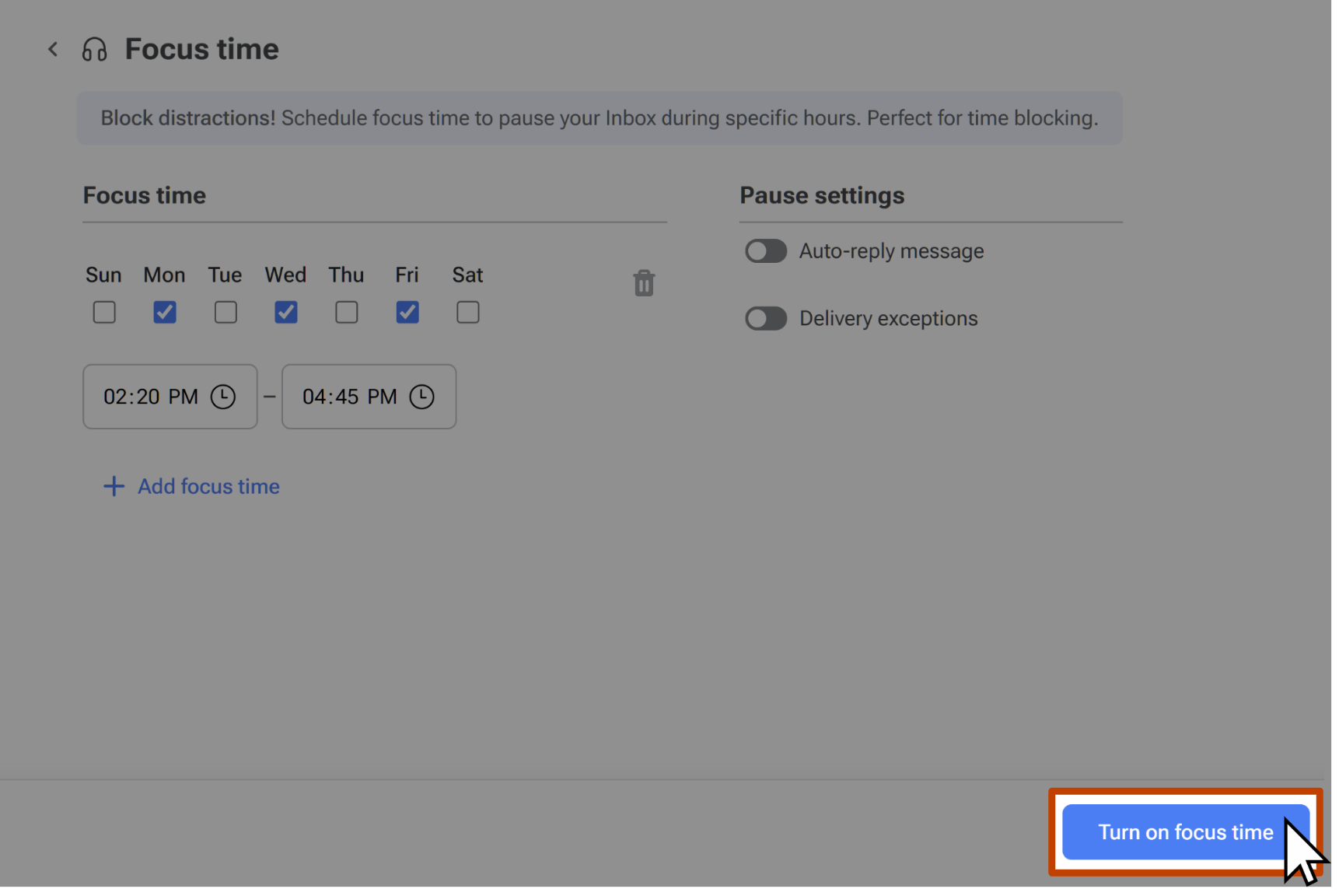 How to set up focus time with Inbox Pause - Boomerang for Outlook Help