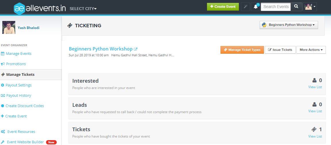 What is ticketing dashboard of an event - Support Center | AllEvents.in