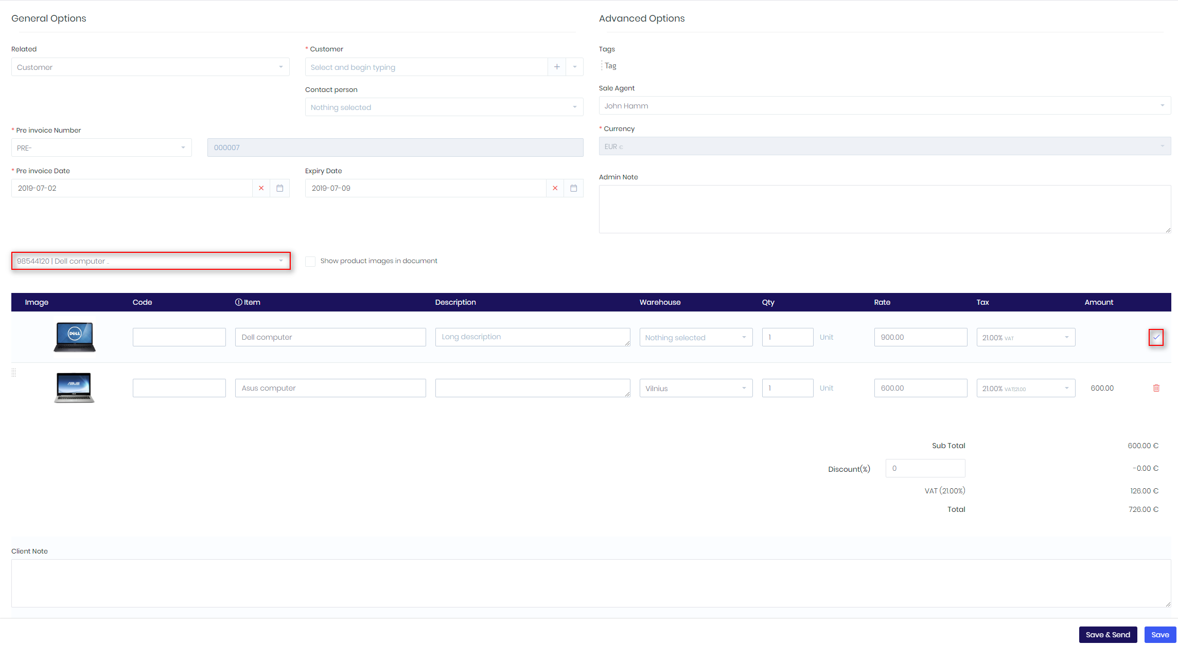 Pre invoices - Hanna CRM support