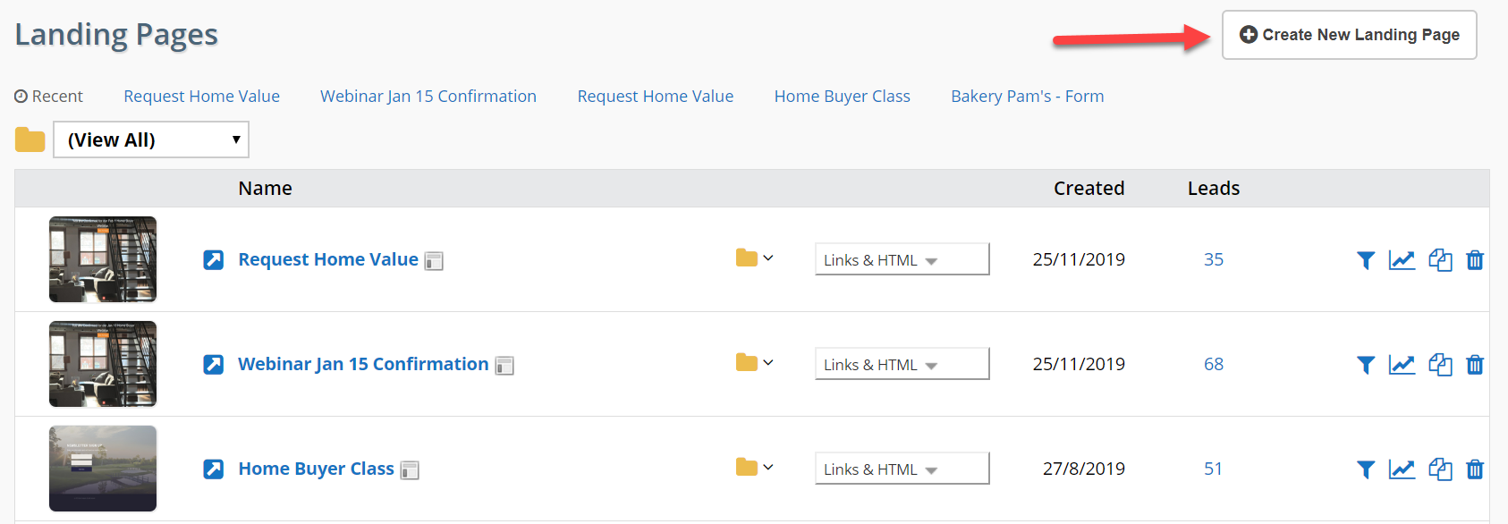 Features on the List of Landing Pages - AllClients Knowledge Base
