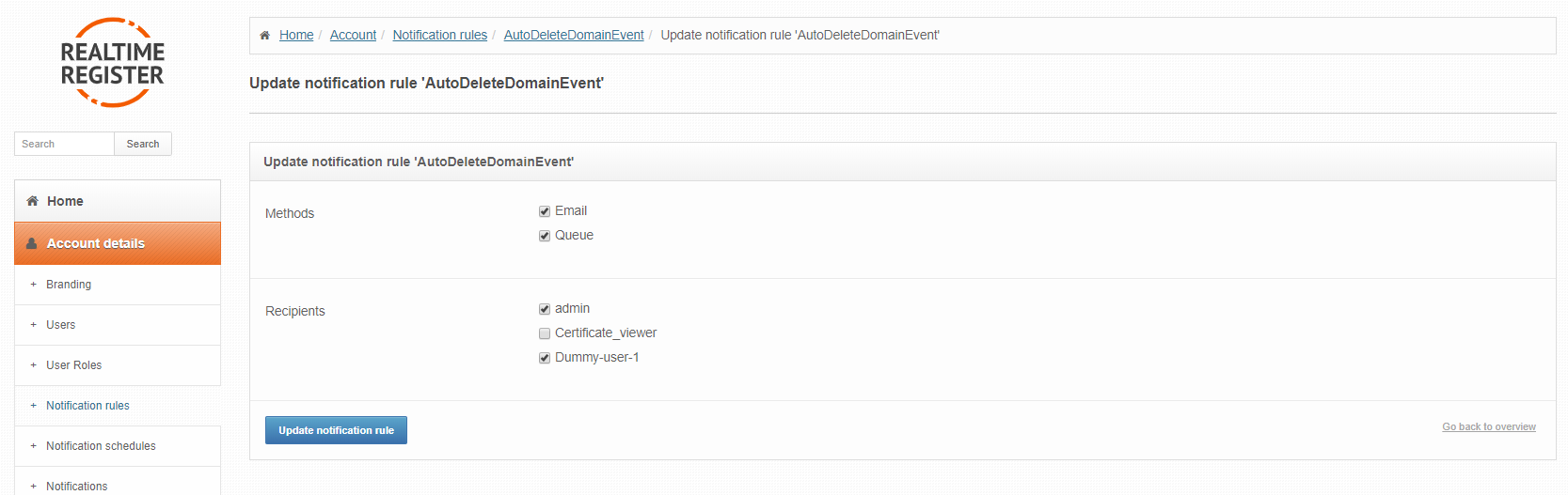 Notification Rules - Realtime Register Knowledge Base