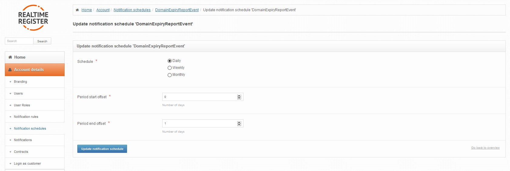 Customize notification schedules - Realtime Register Knowledge Base