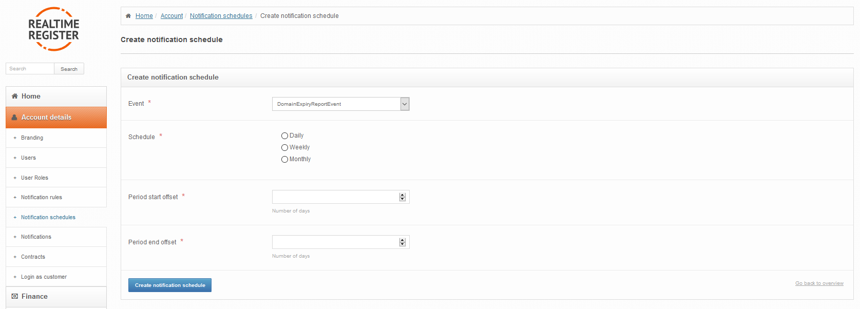 Customize notification schedules - Realtime Register Knowledge Base