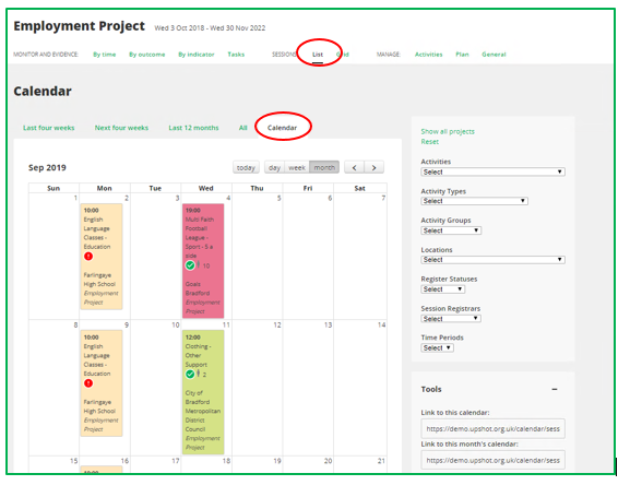Session Calendar - Upshot Guides