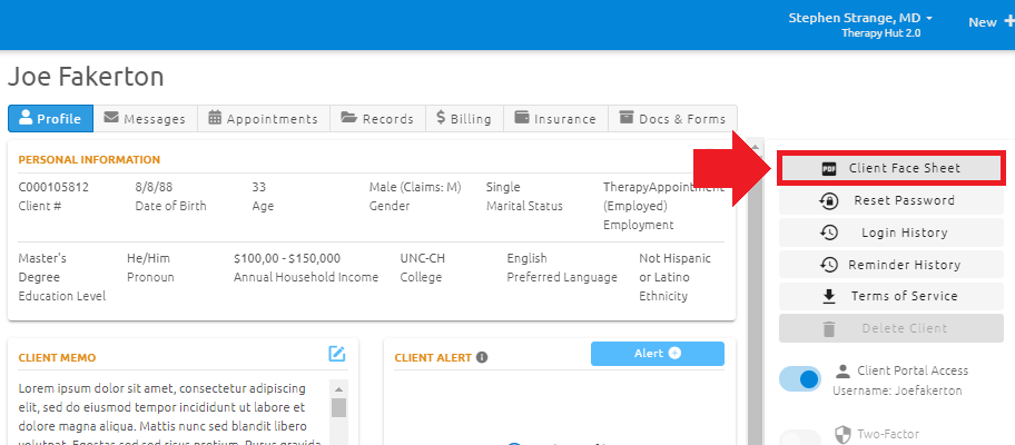 Client Face Sheet: Printable Demographics - TherapyAppointment Support ...