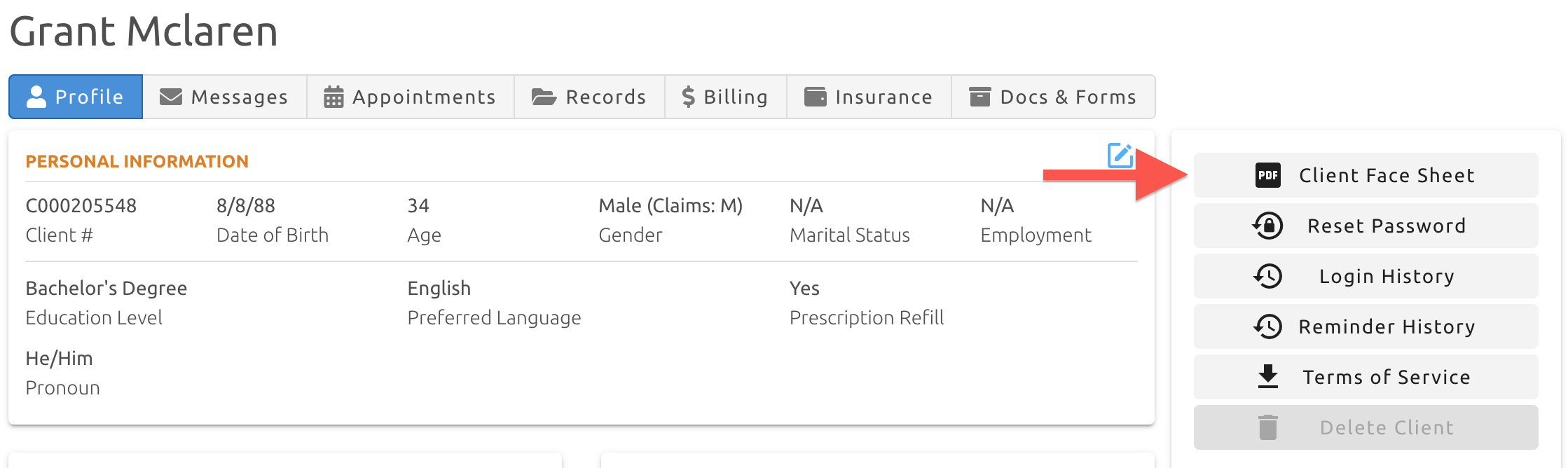 Client Face Sheet: Printable Demographics - TherapyAppointment Support ...
