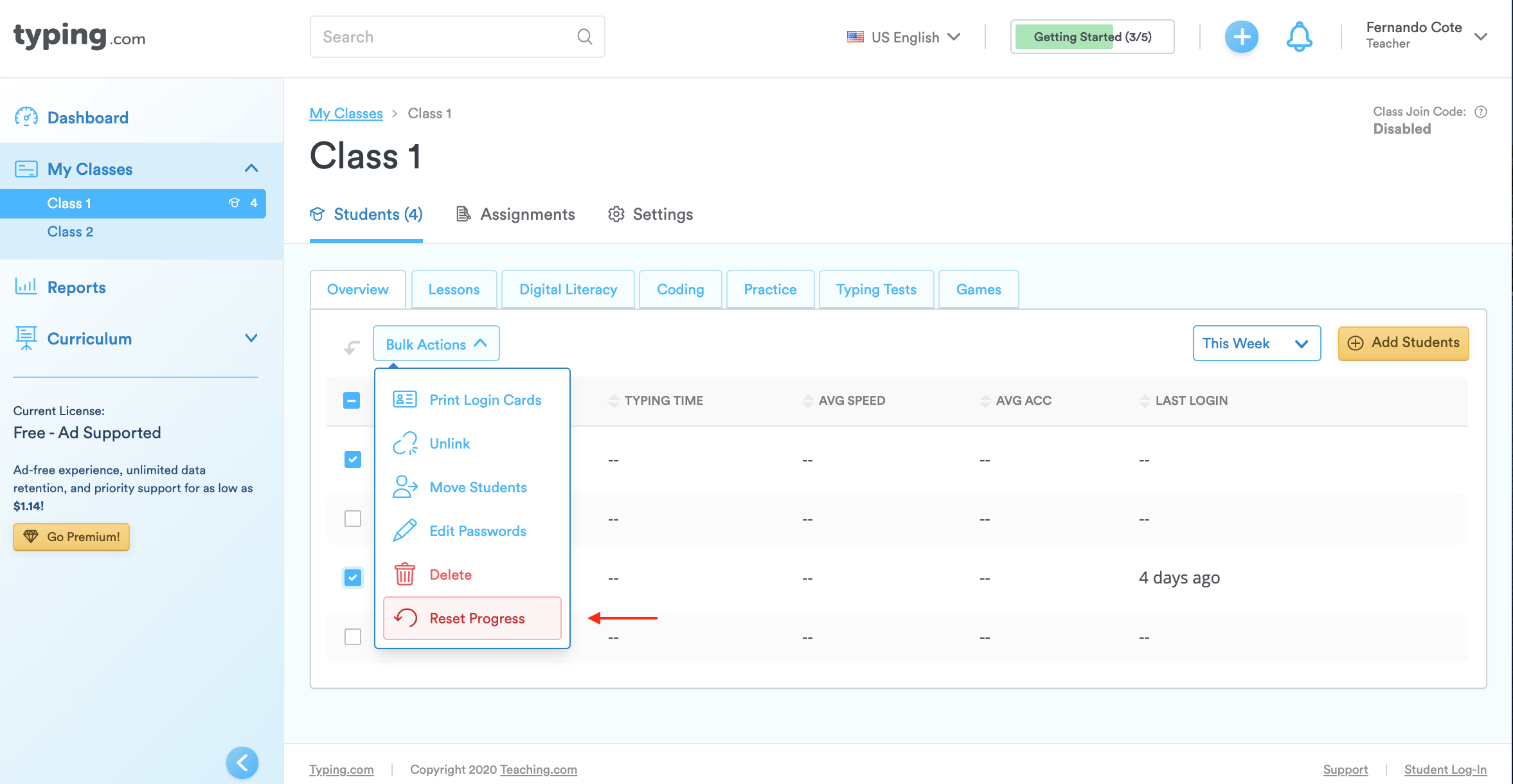 Reset Student Progress (Teacher) - Typing.com