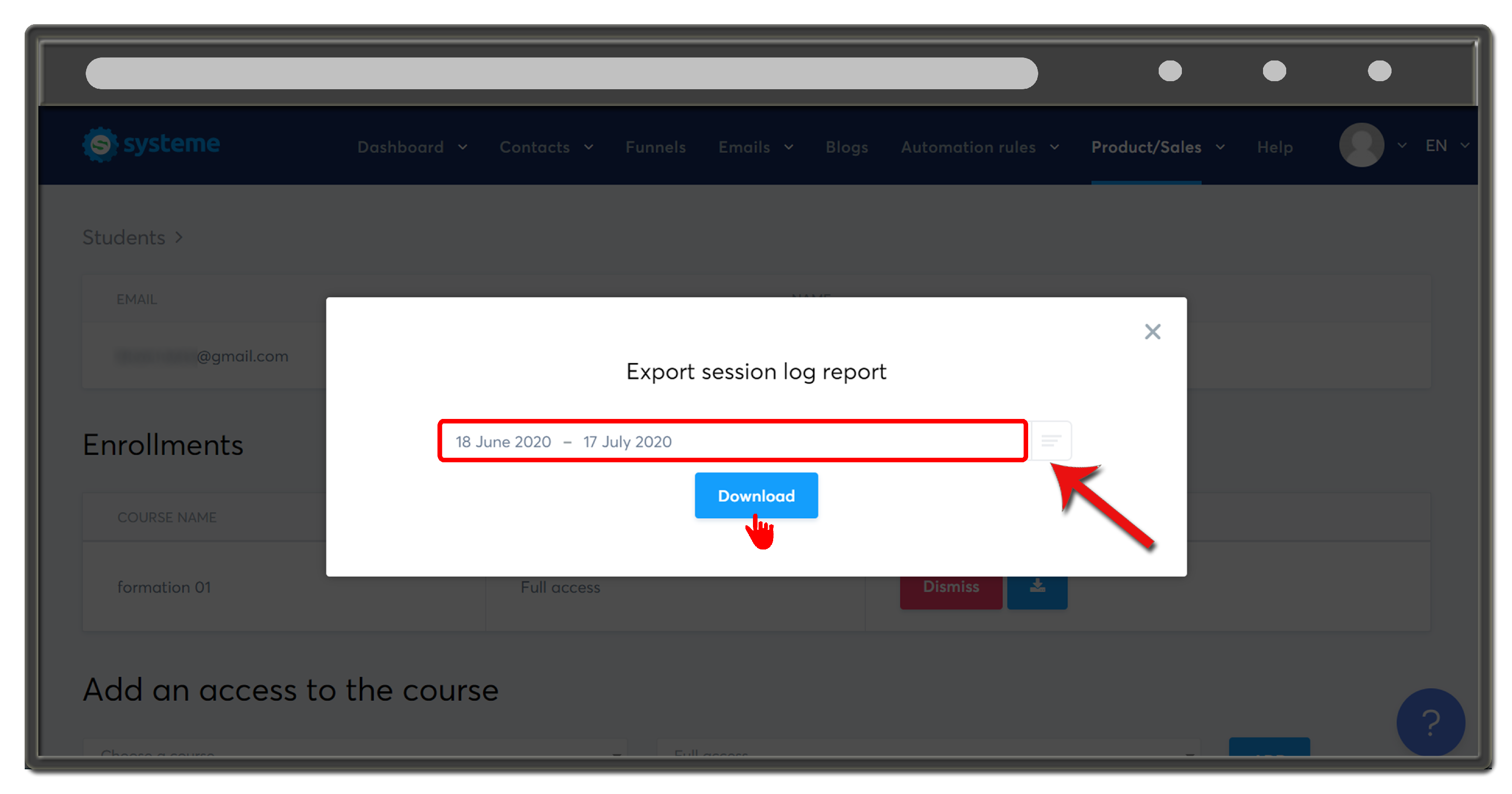 How to export a student's session log report - Help pages