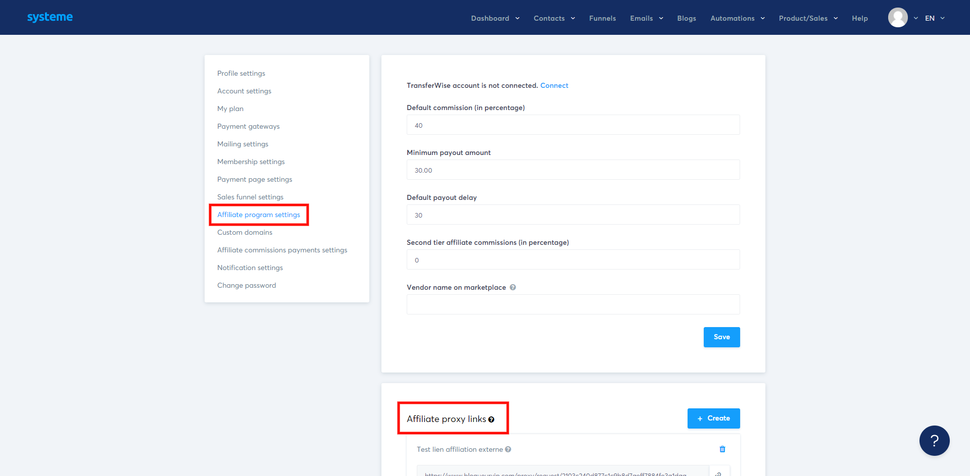 How to create an affiliate link with an external page to systeme.io - Help pages
