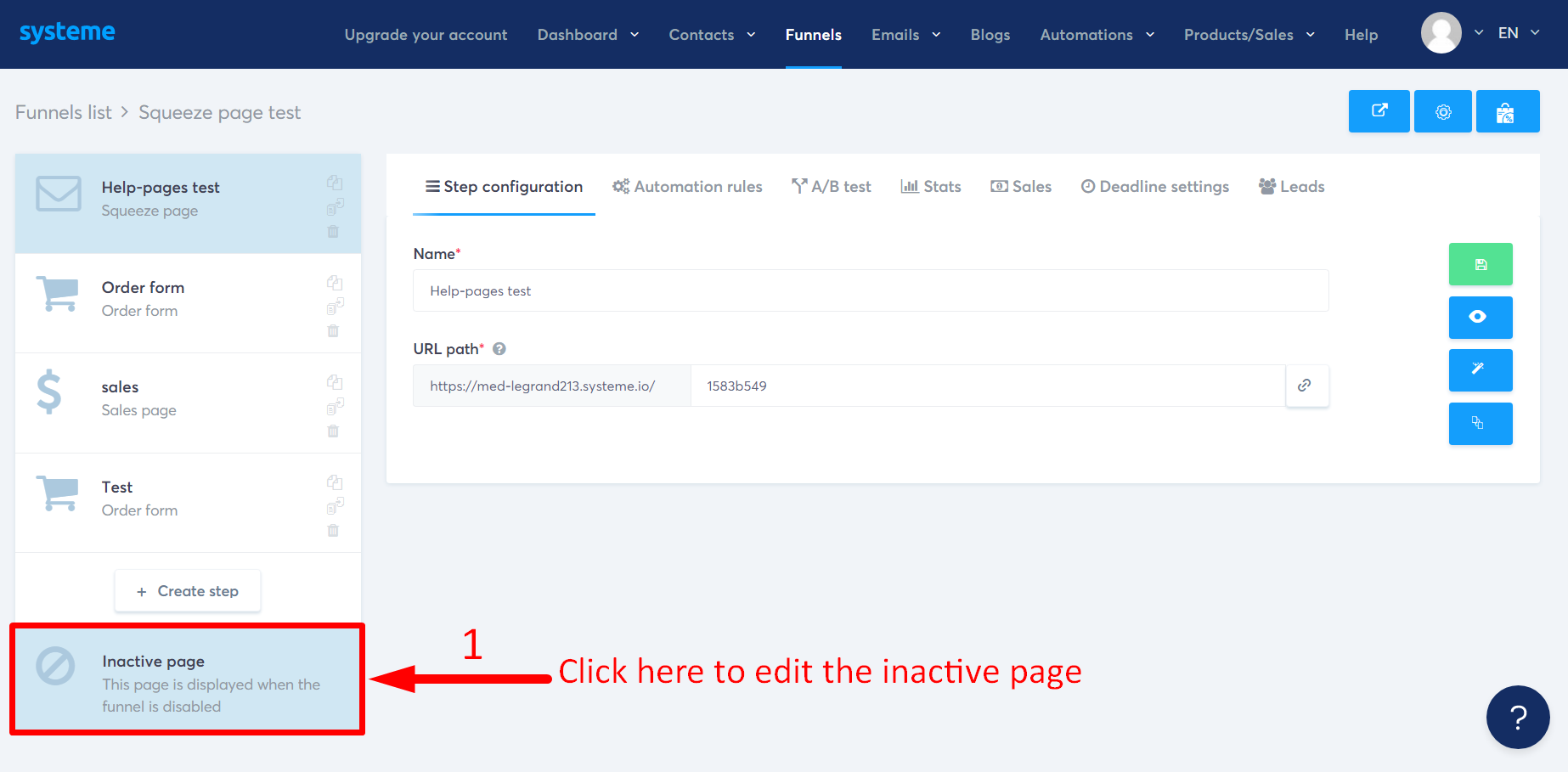 How to set up an inactive page on a deactivated sales funnel - Help pages