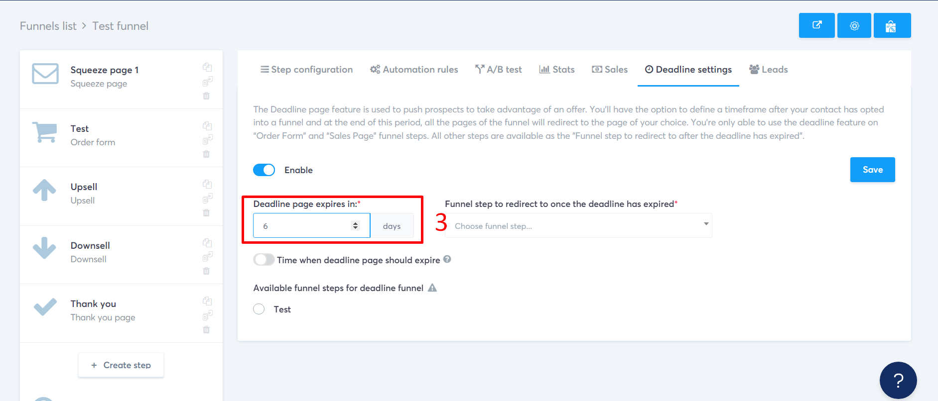 How to create a deadline for a sales funnel - Help pages