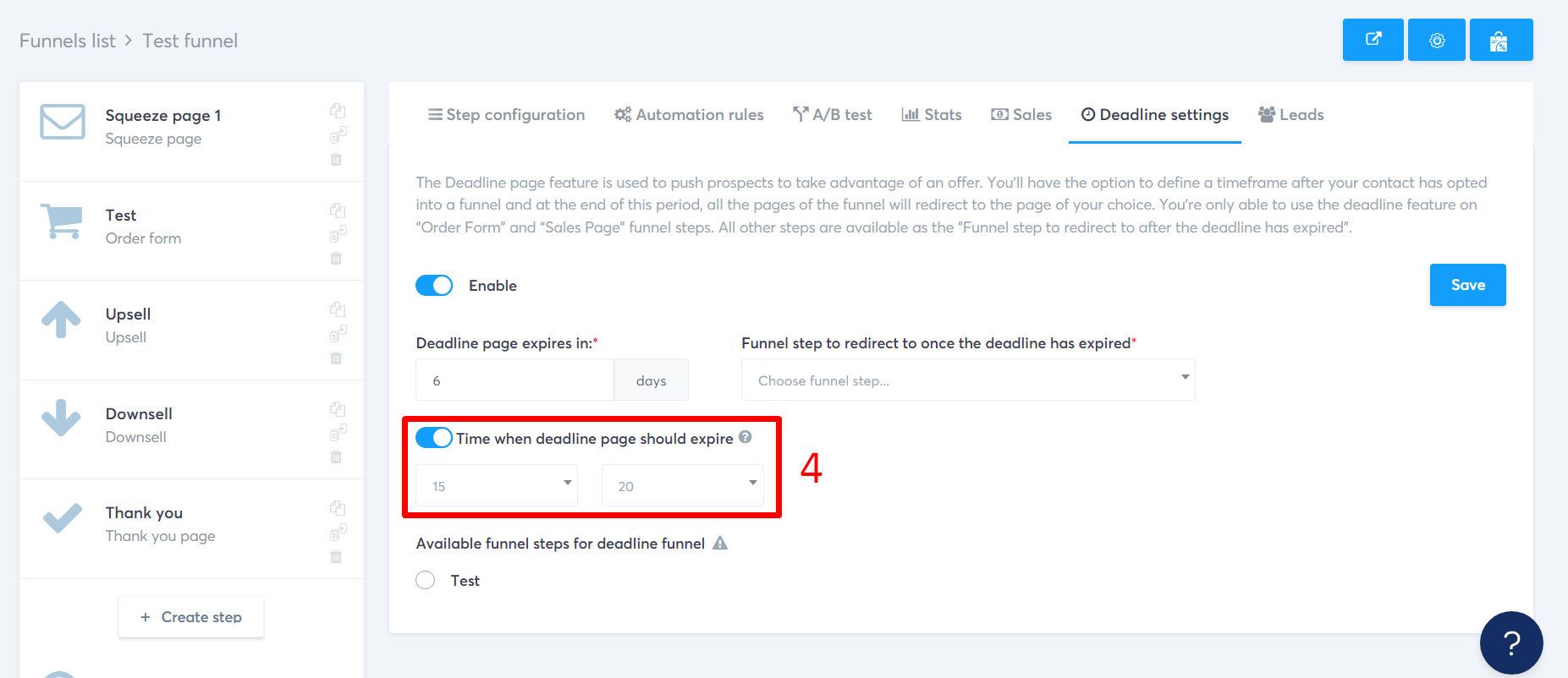 How to create a deadline for a sales funnel - Help pages