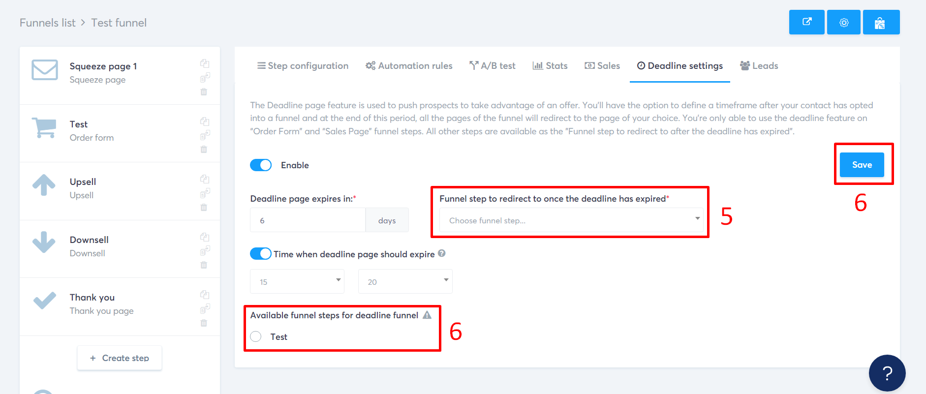 How to create a deadline for a sales funnel - Help pages