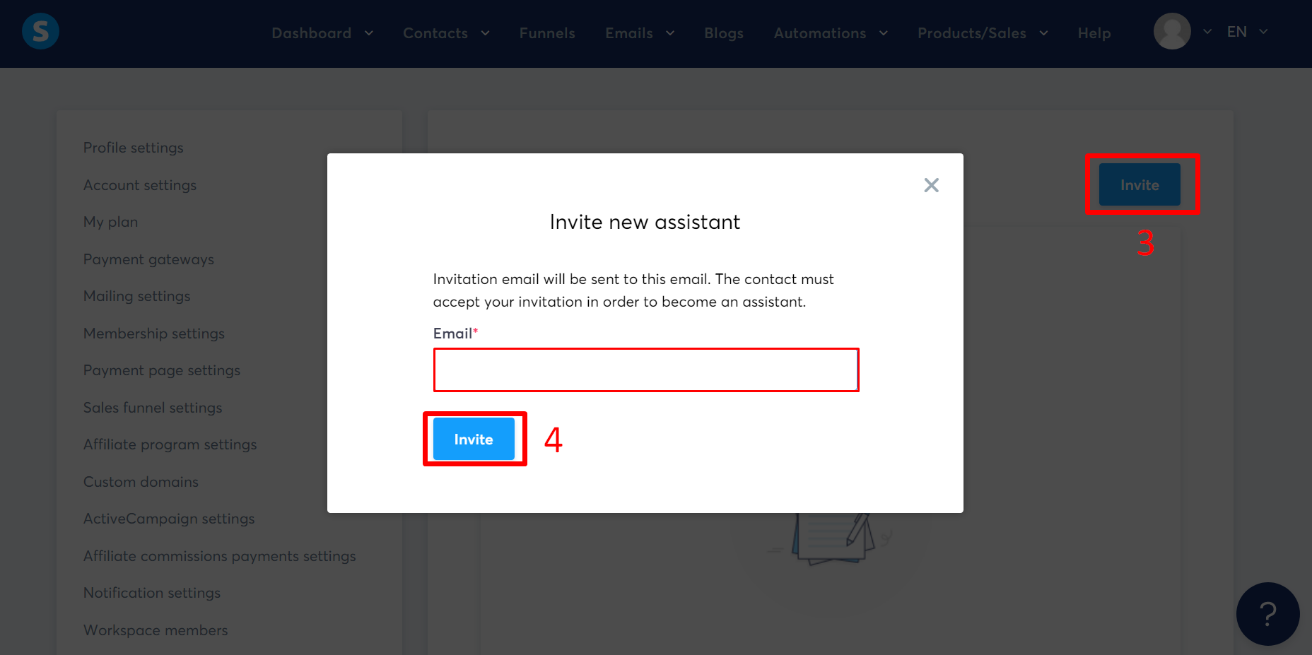 How to invite an assistant to your systeme.io account - Help pages