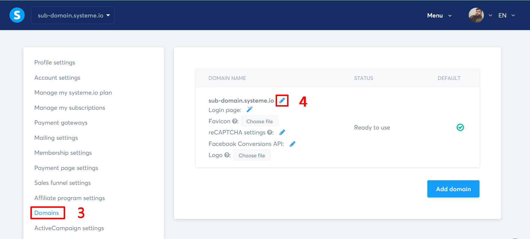 How to modify the systeme.io subdomain - Help pages