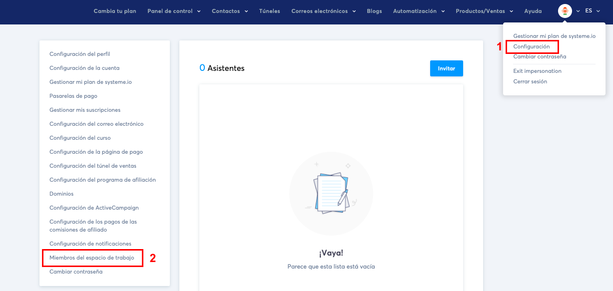 Cómo invitar asistentes a tu cuenta de systeme.io - Ayuda