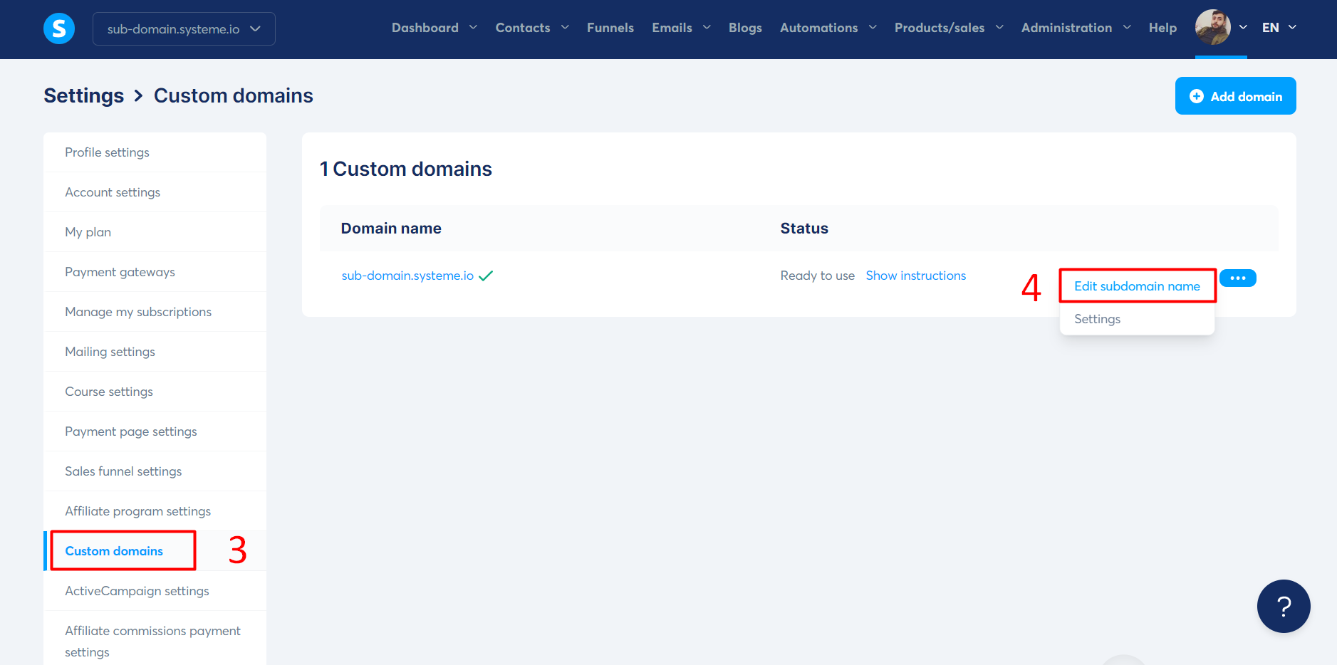 How to modify the systeme.io subdomain - Help pages