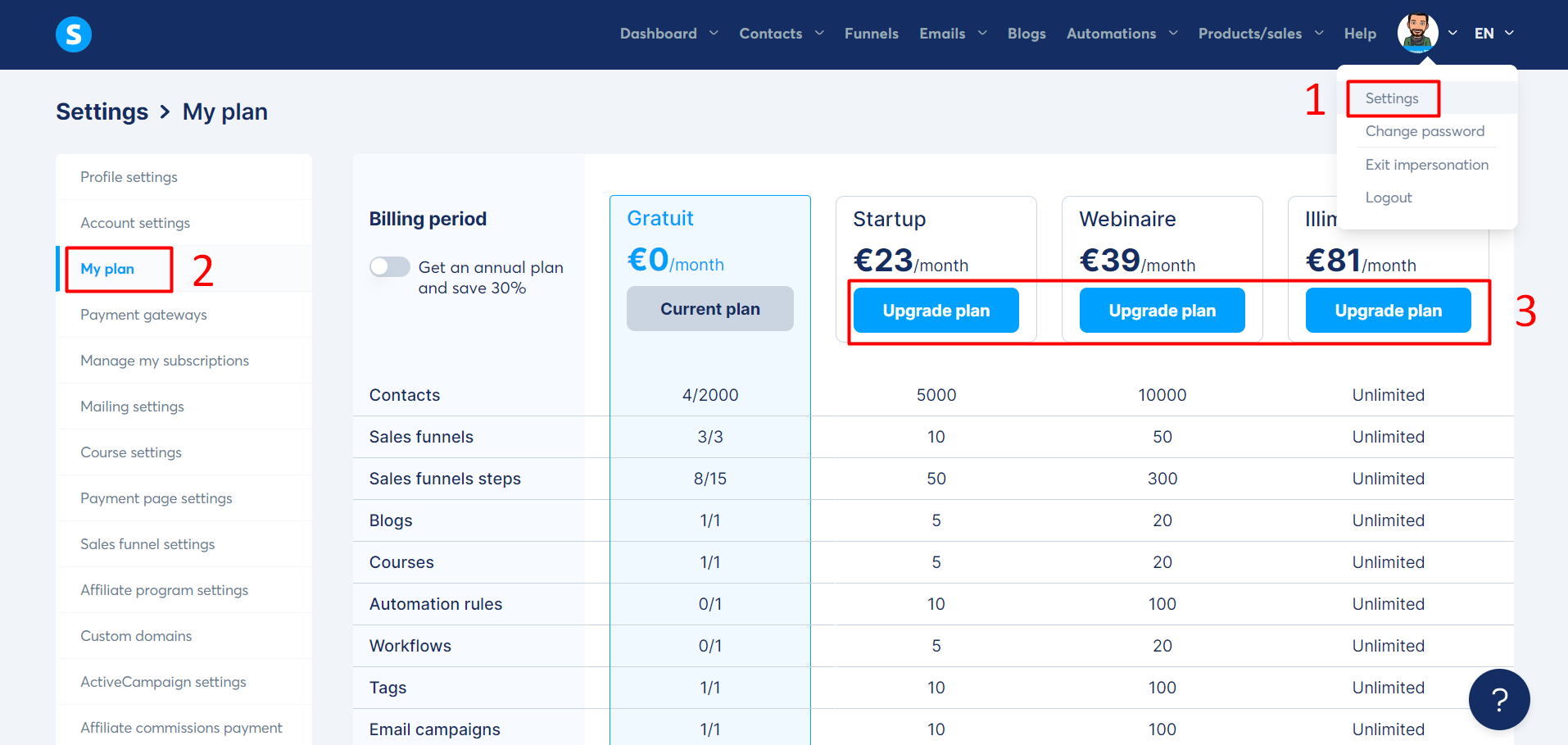 How systeme.io subscription plans are moderated - Help pages