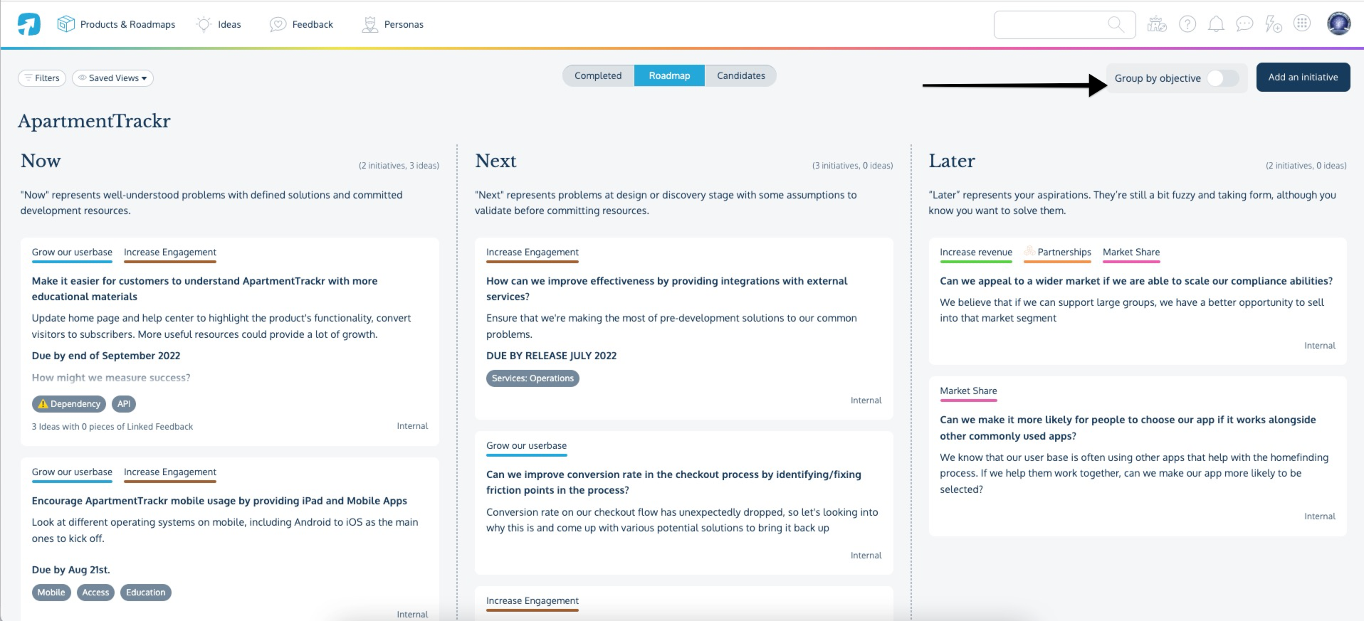 Group Roadmap by Objectives - ProdPad Help
