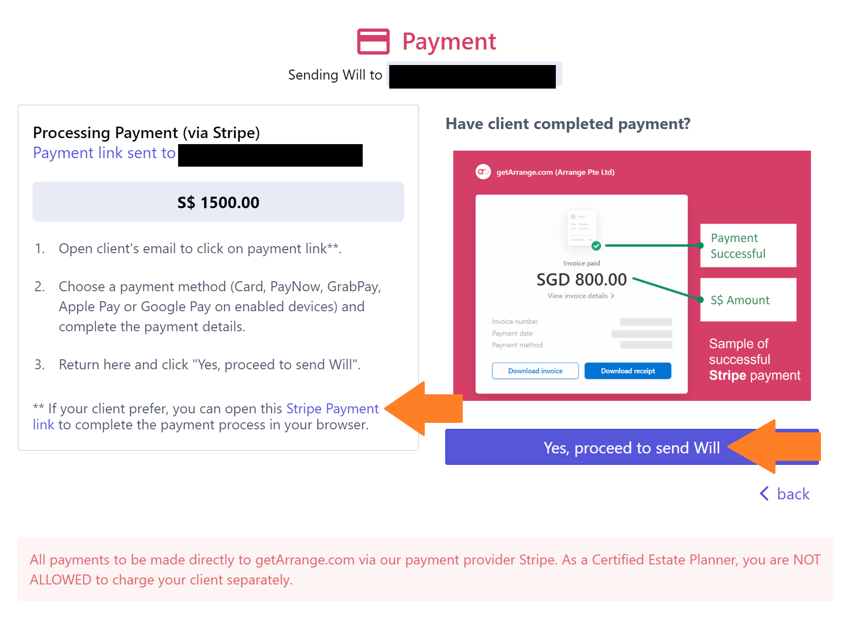 "Send Will" -- Verification and Payment - getArrange