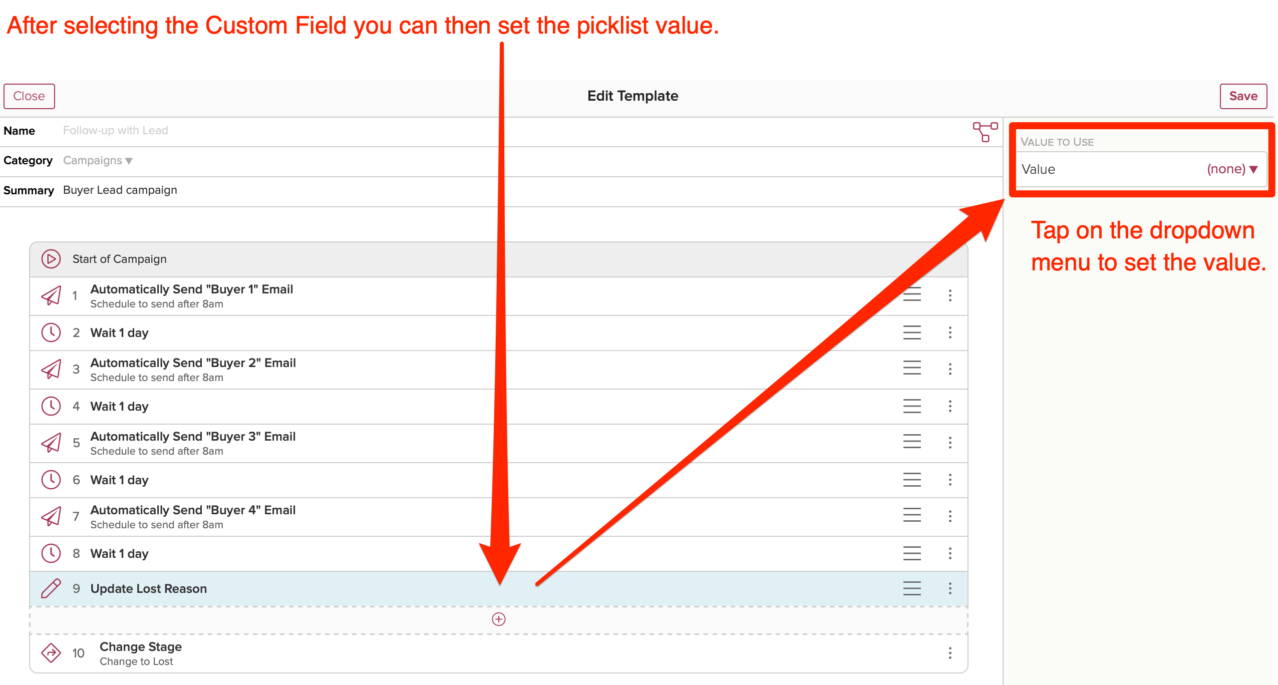 Update Custom Field - Campaign “Take Action” settings - Cloze Help Center
