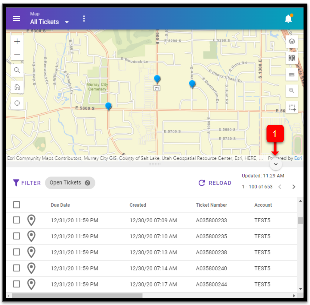Open and Close the Ticket List on the Map - UtiliSync