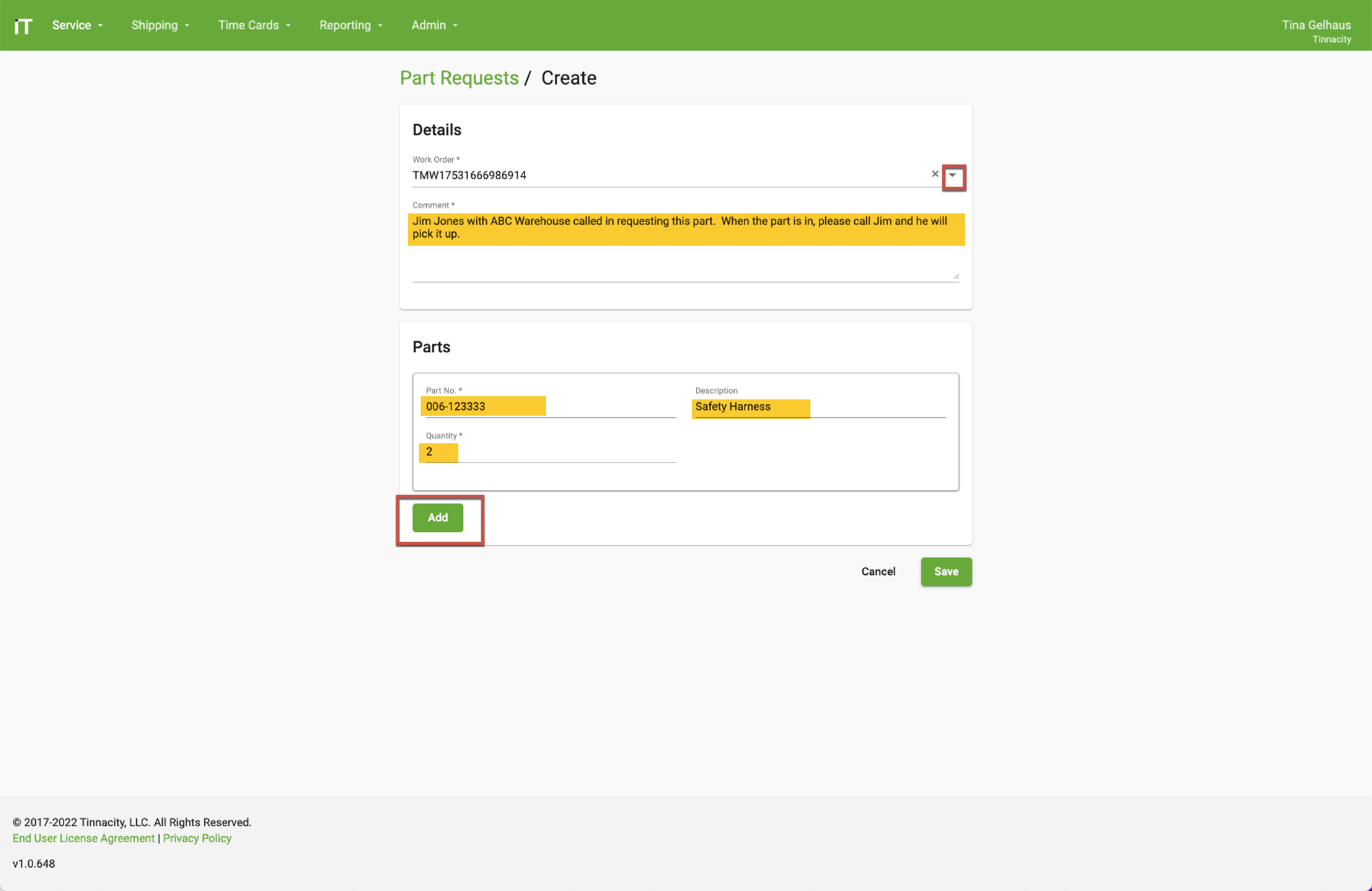 Create a Part Request in HQ - Tinnacity's Knowledge Base