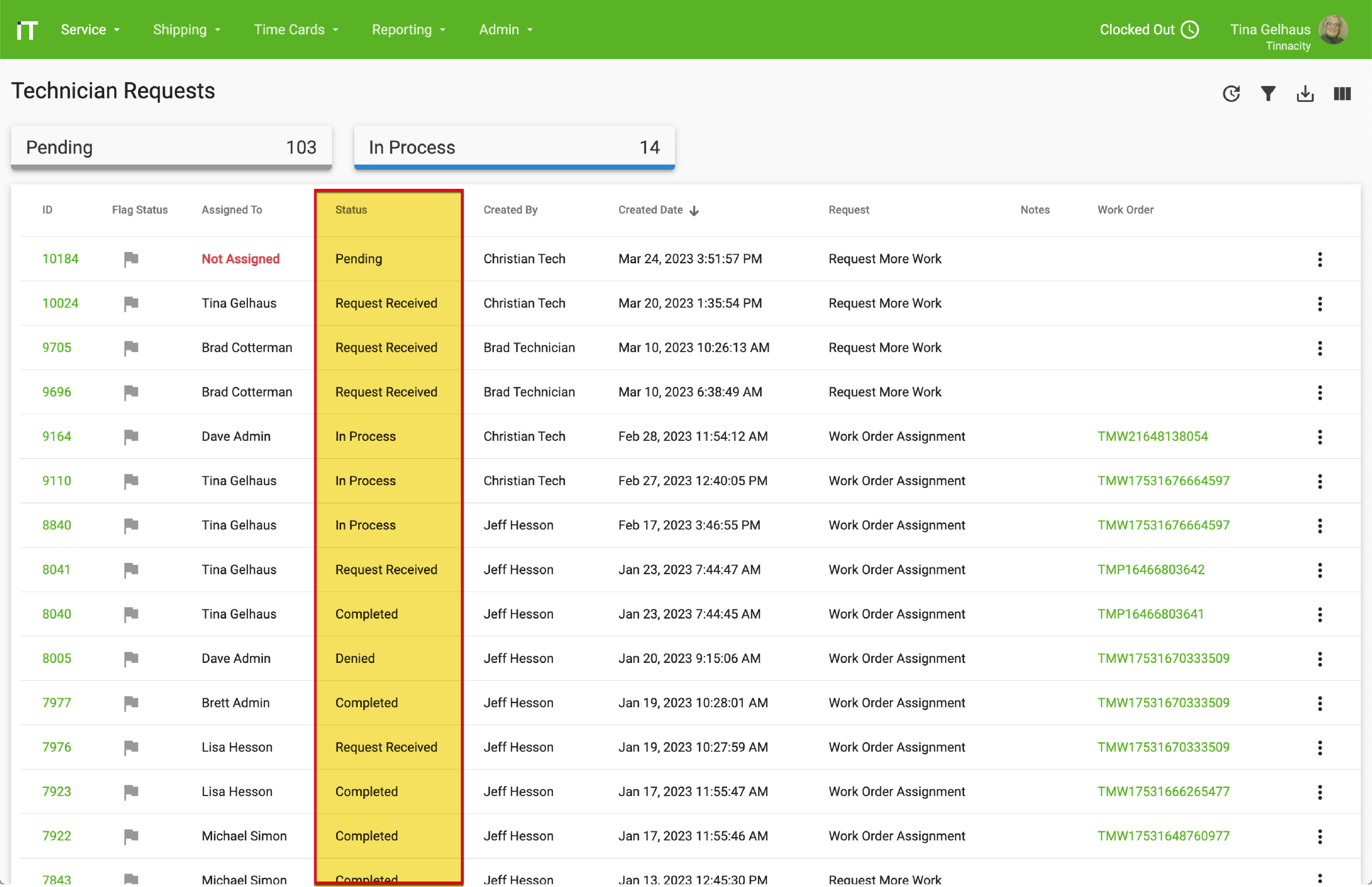 Technician Request Status - Tinnacity's Knowledge Base