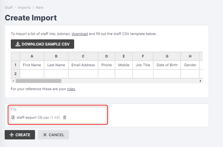 Importing a list of staff members from a spreadsheet - Jobman