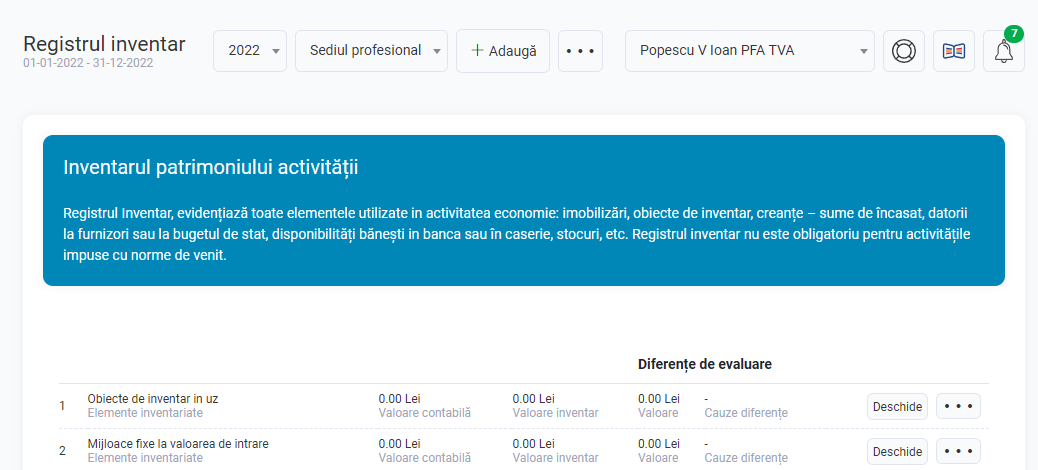 Registrul inventar - Suport ContApp