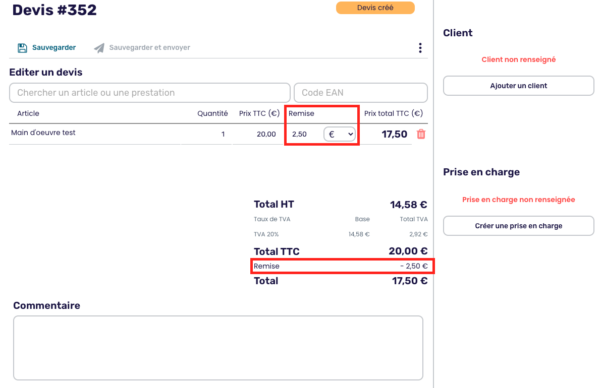 Effectuer une remise depuis le devis - Support de Shifter