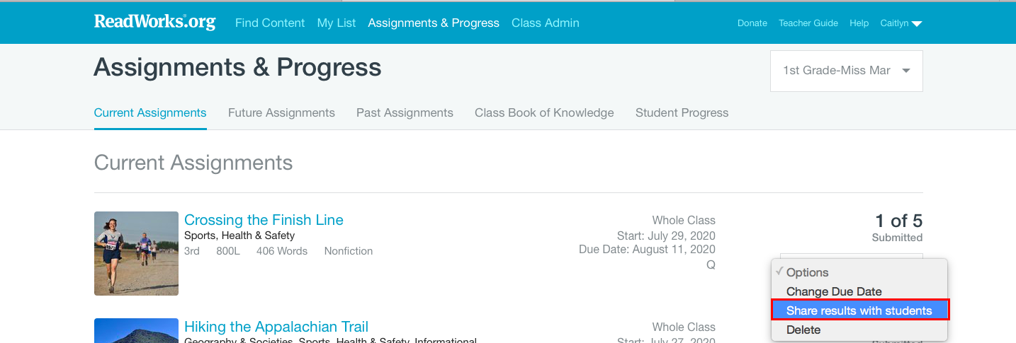 How do I share results with my students? - ReadWorks Support Center