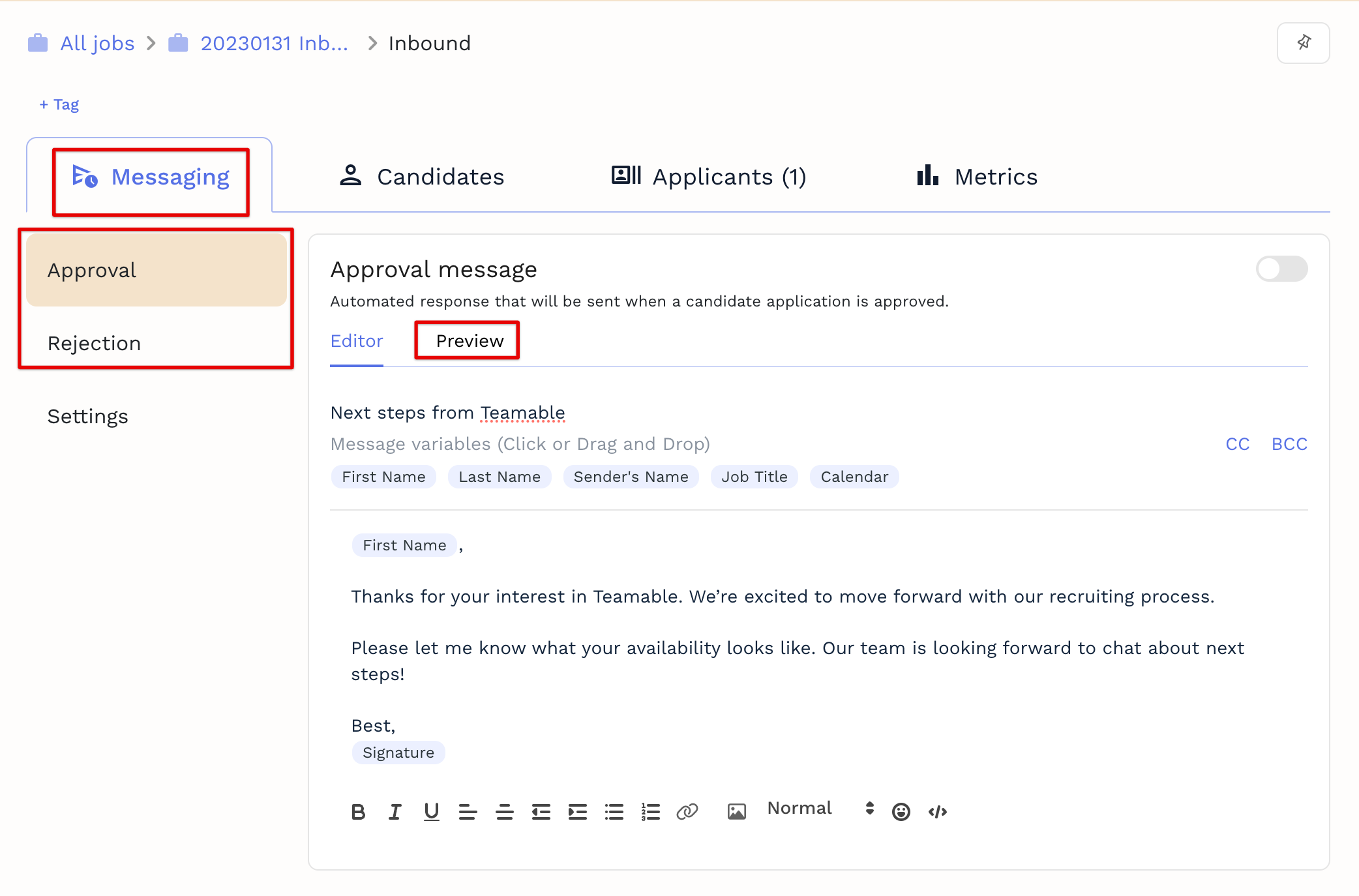 Approval and Rejection Templates - Teamable Help Center