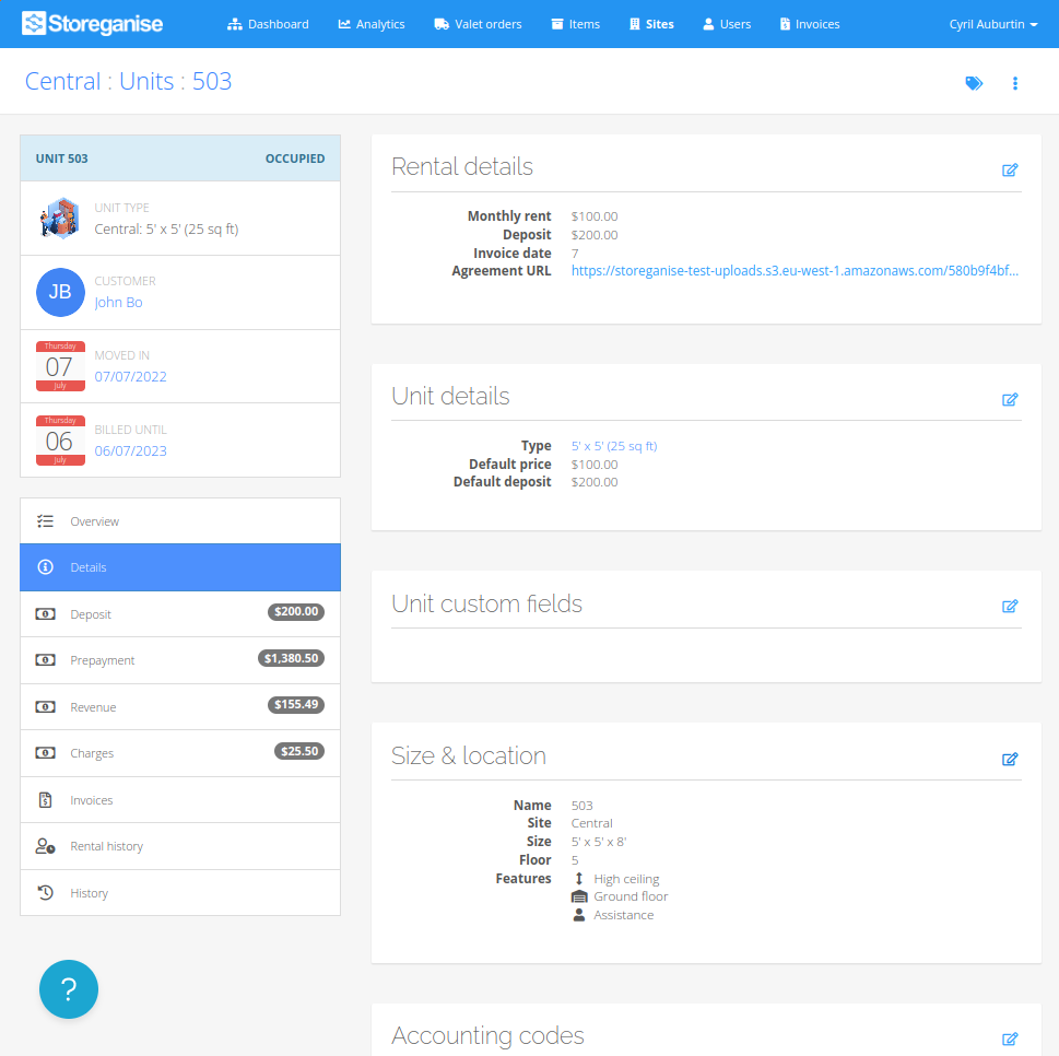 Units: Details - Storeganise Help