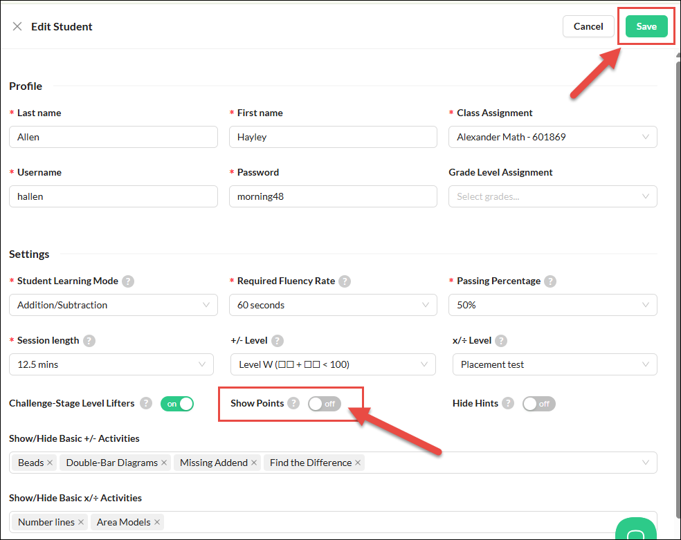 Turning the 'Show Points' option off - MathFactLab Knowledge Base