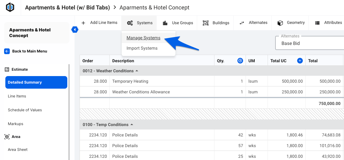 Managing Systems in an Estimate - Ediphi Help Center