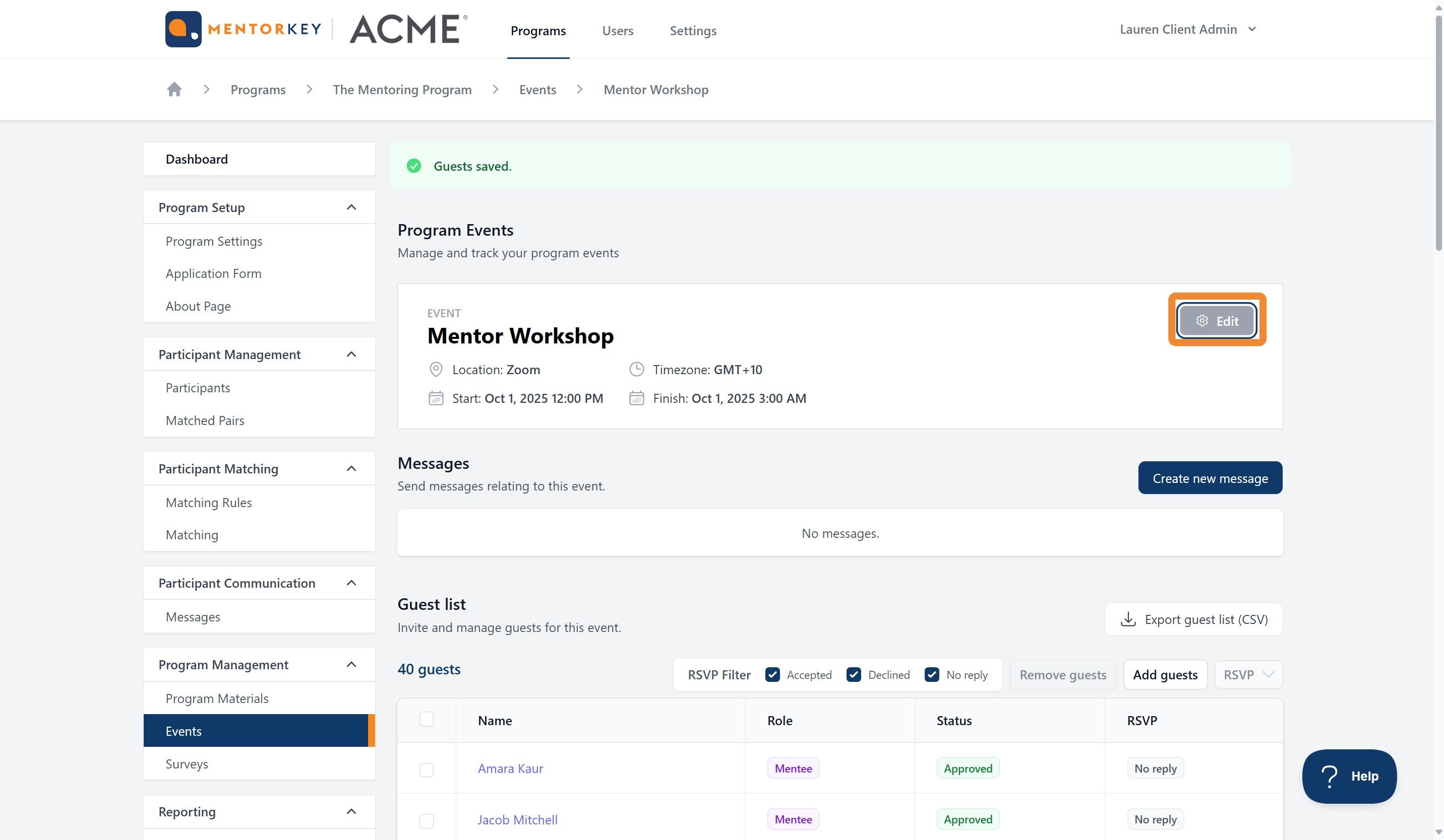 Events - Creating, editing, guest lists - MentorKey Admin