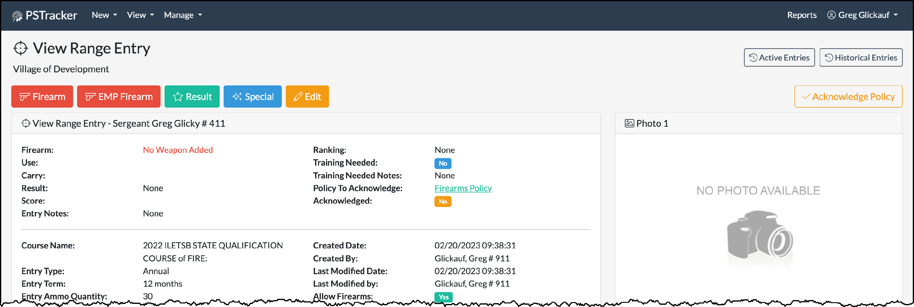 Example Firearm Range Entry - pstracker