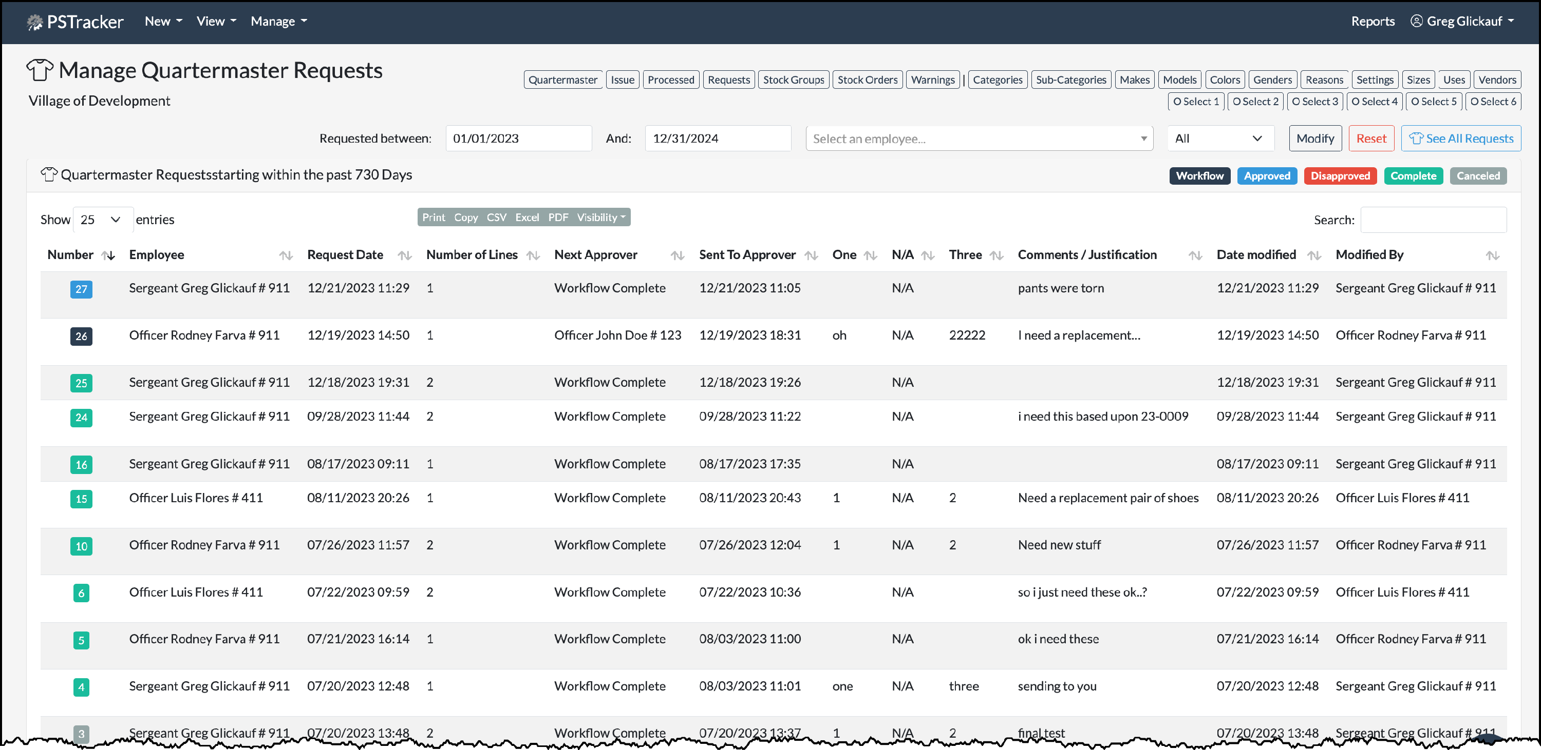 Manage Quartermaster Employee Requests - pstracker