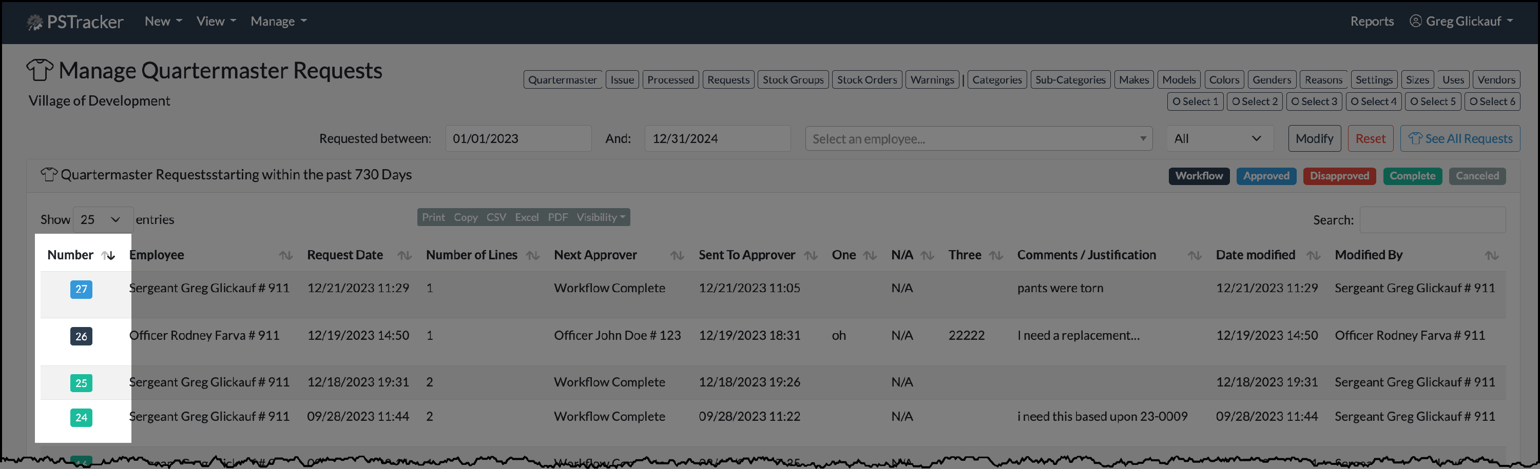 Manage Quartermaster Employee Requests - pstracker