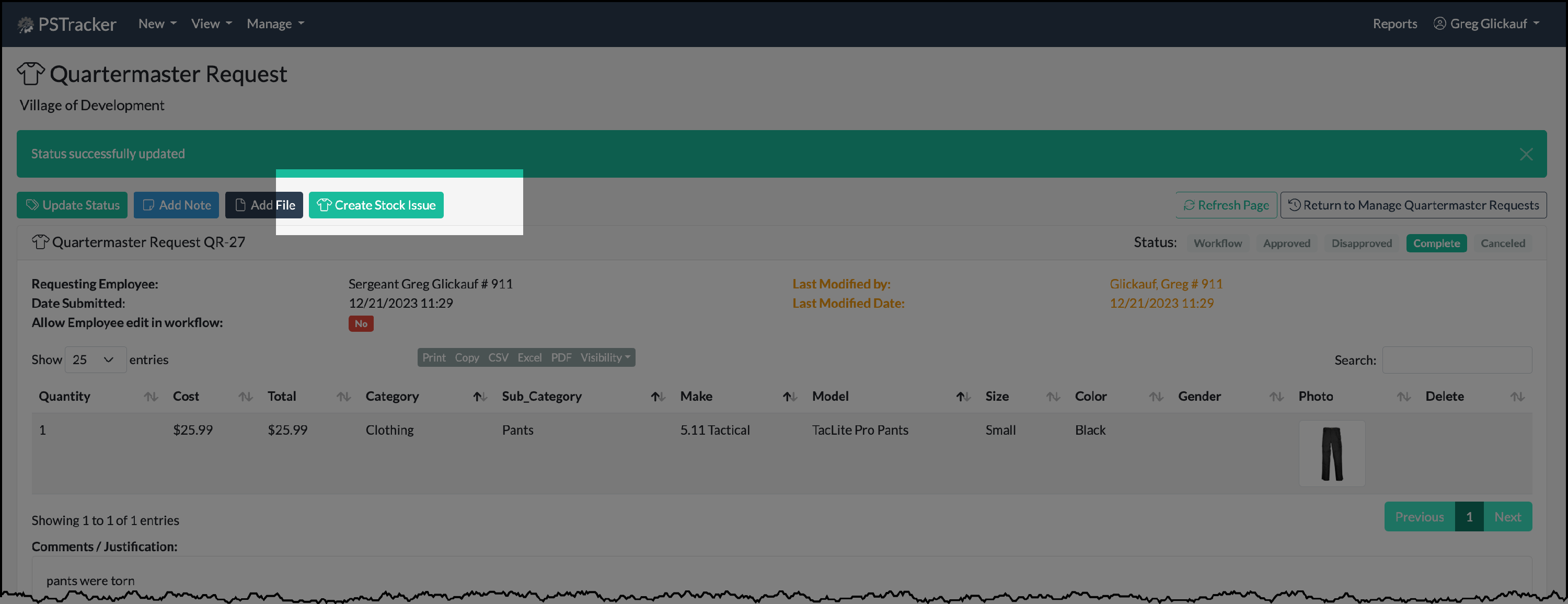 Manage Quartermaster Employee Requests - pstracker