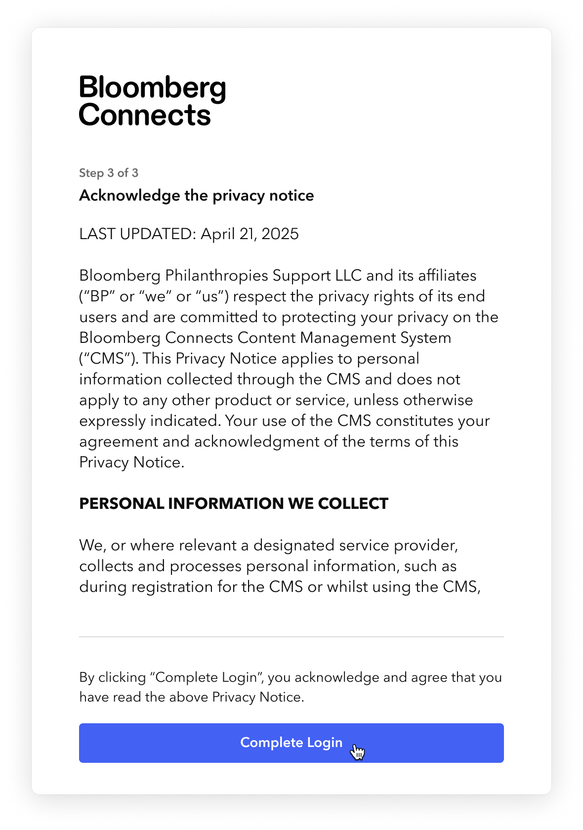First-Time CMS Login - Bloomberg Connects Support